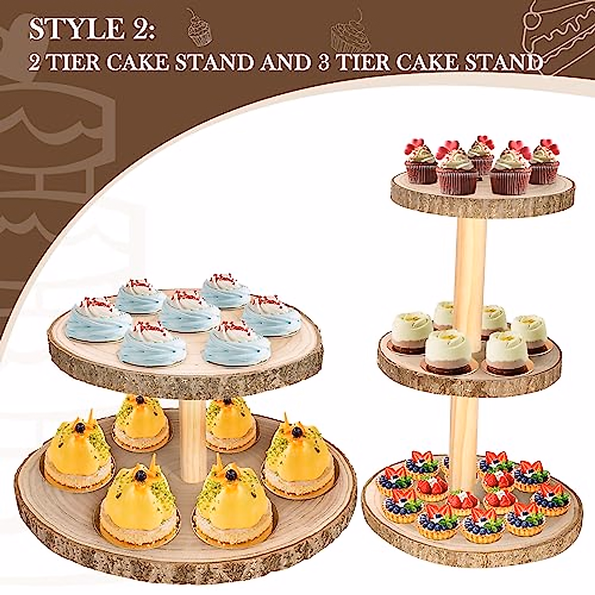 Ayfjovs 5 Tiered Wood Cupcake Stand, Rustic Wood Cake Stand, Wood Dessert Display Stand, Detachable Wood Slices Round Cupcake Tower Holder for Party and Rustic Wedding Decoration