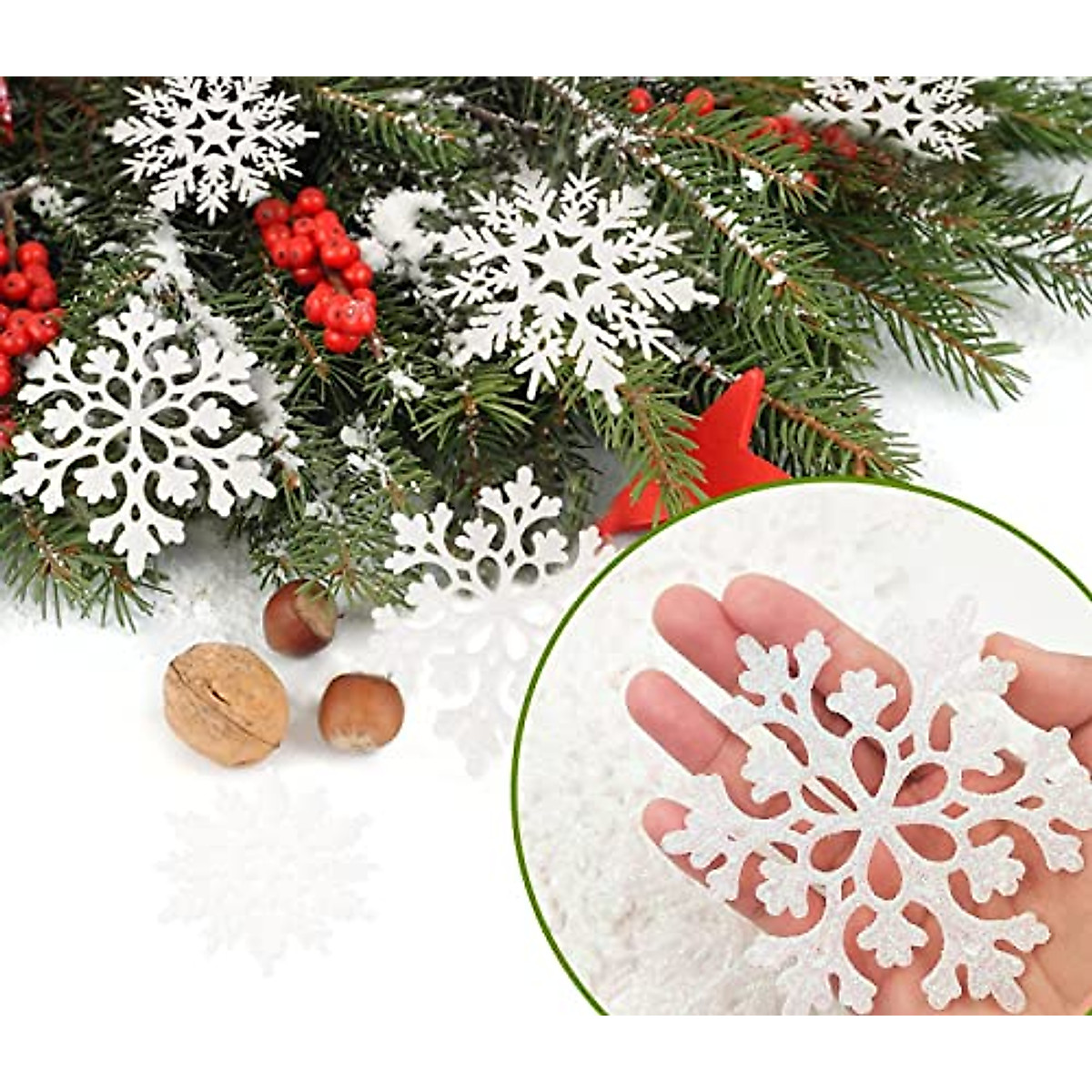 36pcs Christmas White Snowflake Ornaments Plastic Glitter Snow Flakes Ornaments for Winter Christmas Tree Decorations Size Varies Craft Snowflakes