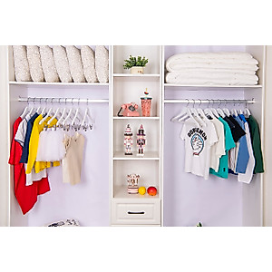 Quality Hangers 20 Pack Kids Skirt Hangers 14 Inches - Junior Preteen Youth Wooden Clothes Hanger with Curved Shoulder Swivel Chrome Hook Adjustable Metallic Clips & Nonslip Notches (White, 20)