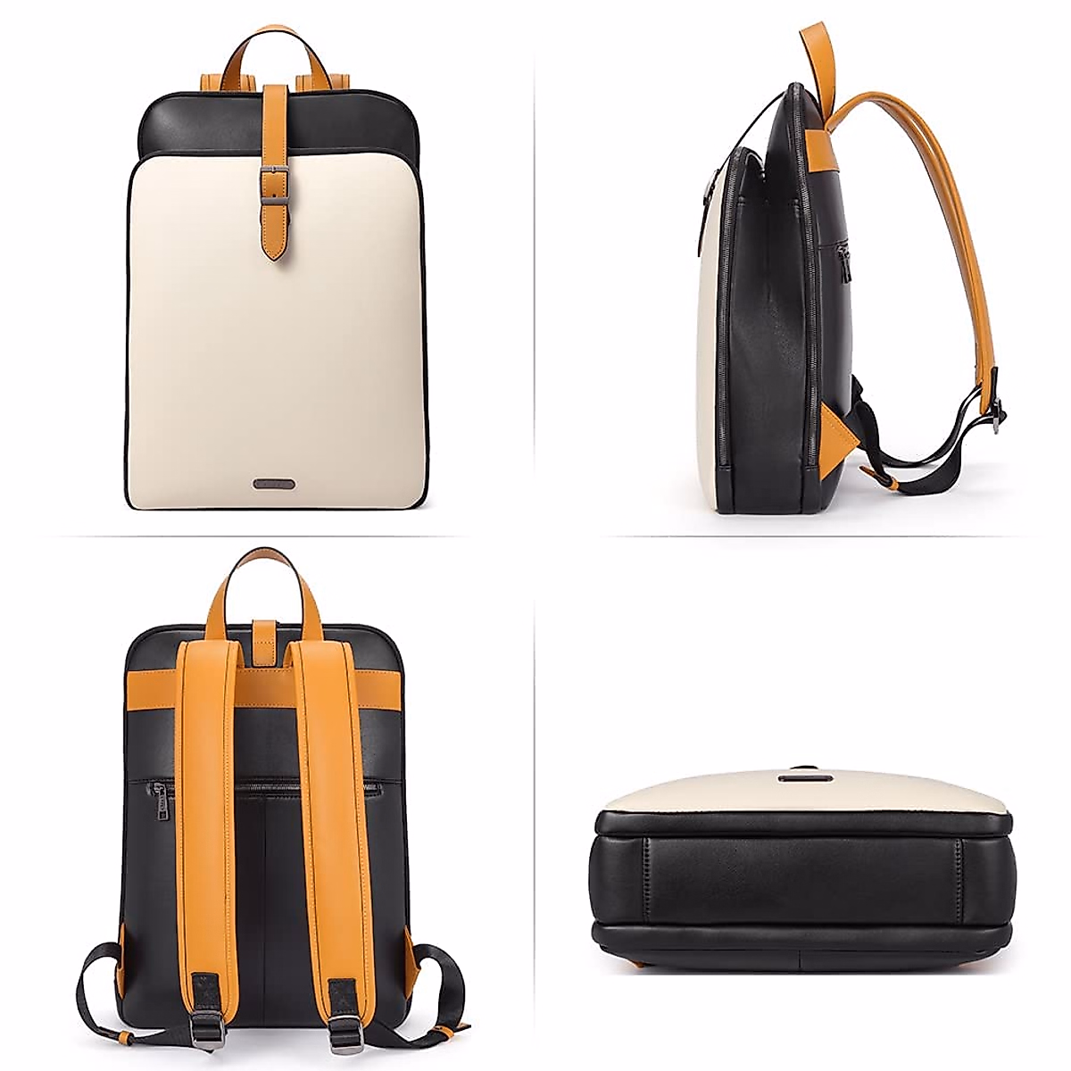 CLUCI Womens Backpack Purse Leather 15.6 Inch Laptop Travel Business Vintage Large Shoulder Bags Beige with Yelow Fine lines