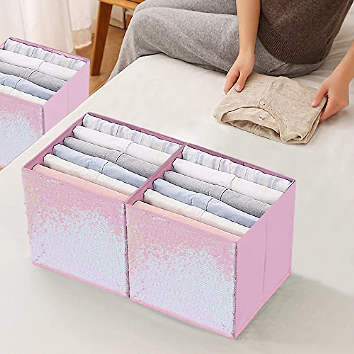 ELUCHANG Sequin Cube Storage Bins Organizer Container Foldable Fabric Closet Organizer Boxes Baskets for Shelves,Toys,Bedroom(4PCS,Pink)