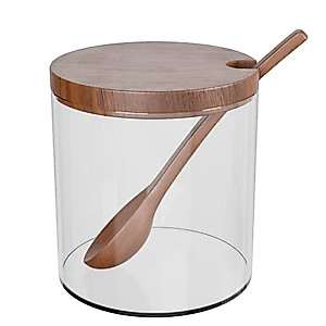 Essos Round Glass and Wood Condiment 3 pc Jars Set with spoon Tray Sugar Food Storage Containers with Wood Lids and Wooden Spoon for Coffee Spice Storage Container