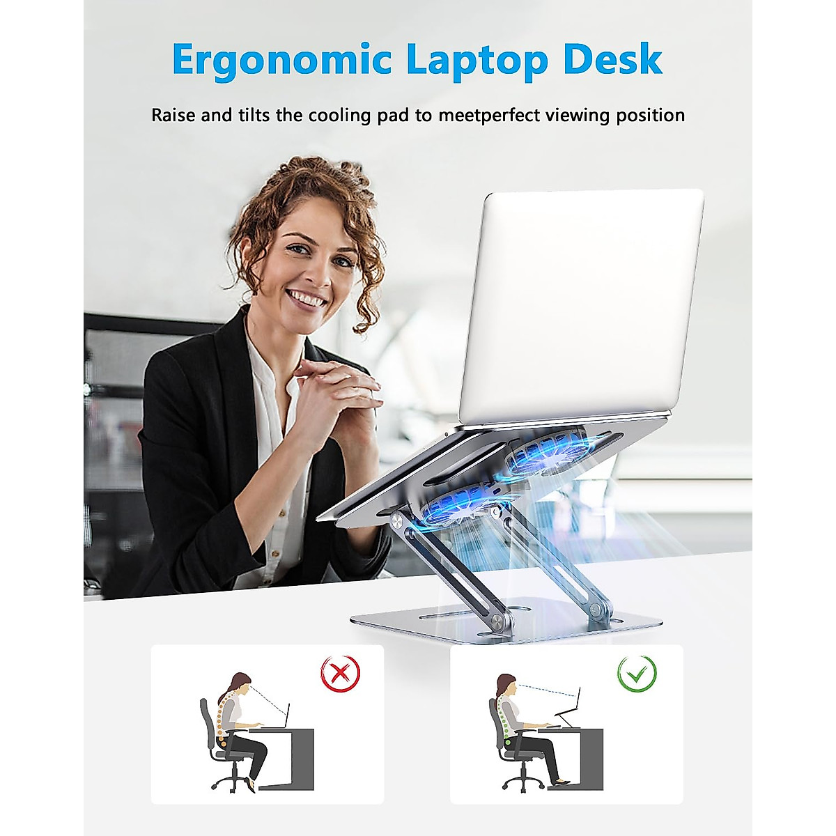 YICOSUN Laptop Stand with Fan Cooling | Foldable Holder for 12" 14" 15" 16" Tablet MacBook & Pro, Mac, Surface | Powerful Laptop Cooler Stand for Working, Gaming, Dj | Grey Aluminum Breathable Tray