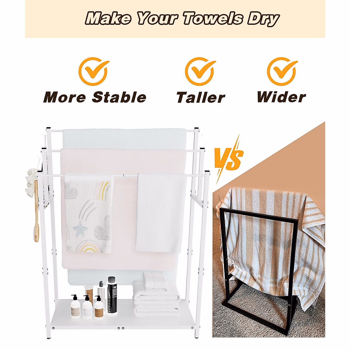 Mondazie 44” Tall Free Standing Towel Racks with 6 Hooks for Bathroom, 3 Tiers Oversized Pool Bath Towels Drying Stand, Metal Blanket Ladder Holder with Storage Shelf for Bedroom Living Room, White