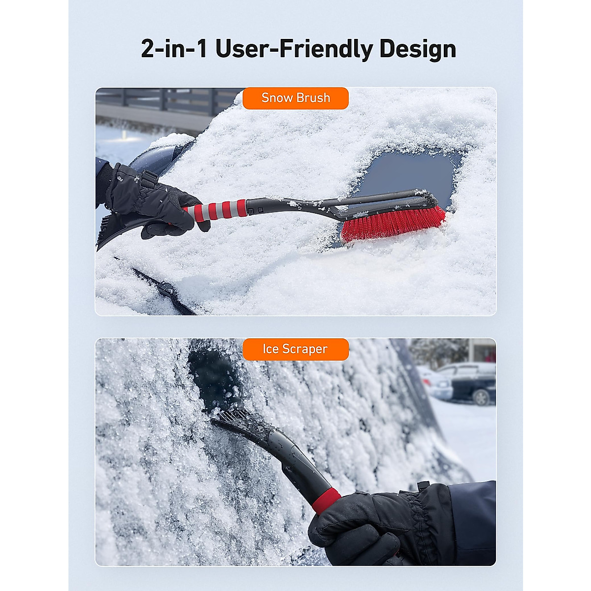 AstroAI 2 Pack 27" Snow Brush and Ice Scrapers for Car Windshield, Detachable Snow Scrapers with Ergonomic Foam Grip for Cars, Trucks, SUVs (Heavy Duty ABS, PVC Brush, Red)