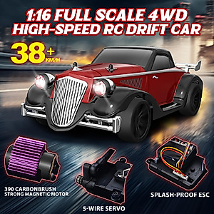 Desdoni RC Drift Car Full Proportional RTR Remote Control Car 1/16 Scale 38KM/H Fast 4WD RC Car 2.4Ghz with 6 Modes of Light 2Pcs Rechargeable Batteries Racing for Boys and Adults Gift