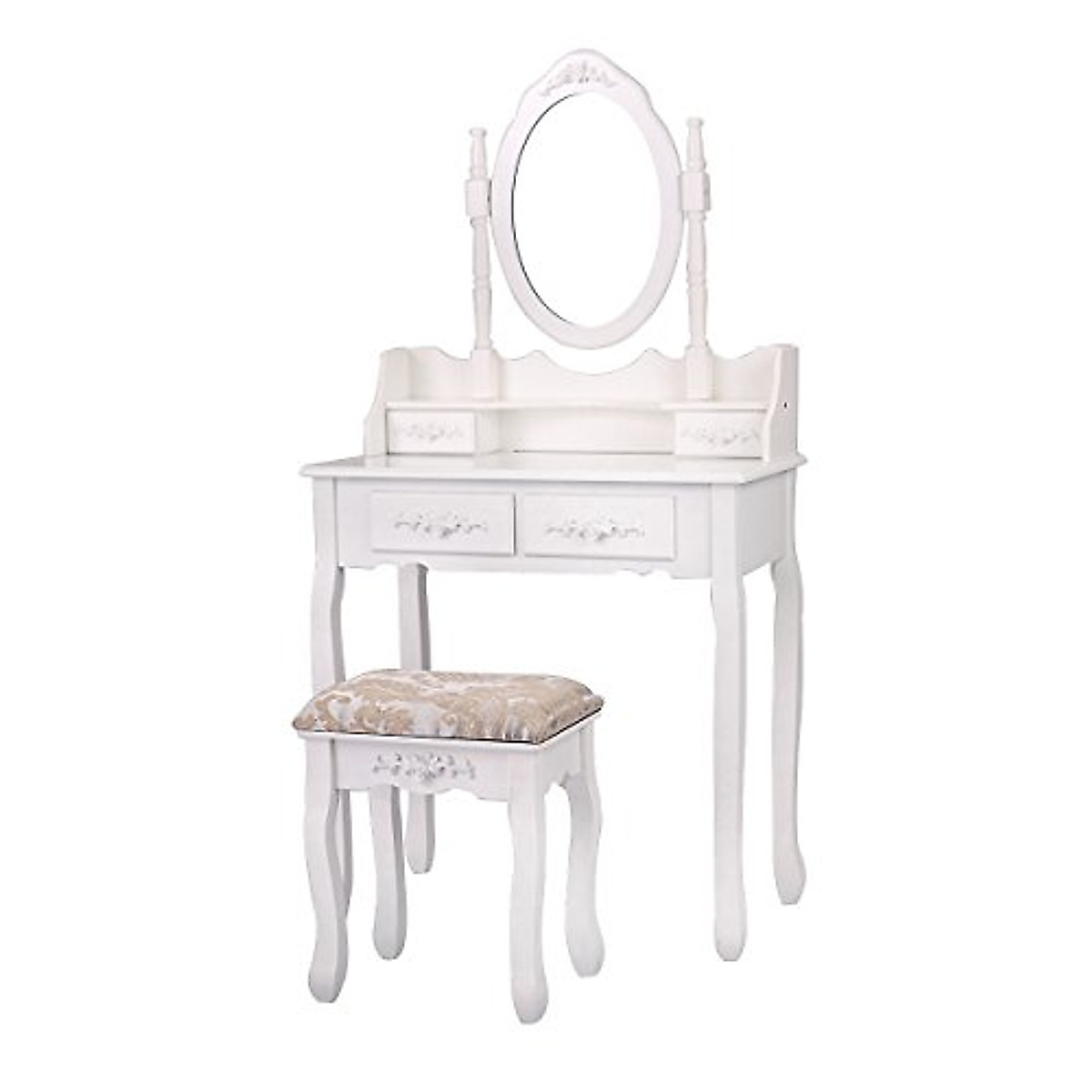 Vanity Table and Chair Set, Makeup Dressing Table with 360-degree-rotating Mirror and 4 Drawers, Thick Padded Stool, Vanity Table and Chair Set with Mirror and 4 Drawers for Girls Women Gift, White
