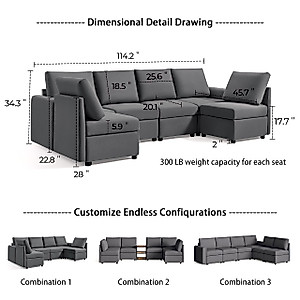 GOIRIE Modular Sofa, U Shaped Sectional Couch with Pull Out Bed, 6 Seat Pet-Friendly Modular Sectionals Sofas & Couches for Living Room, Memory Foam, Sofa Bed