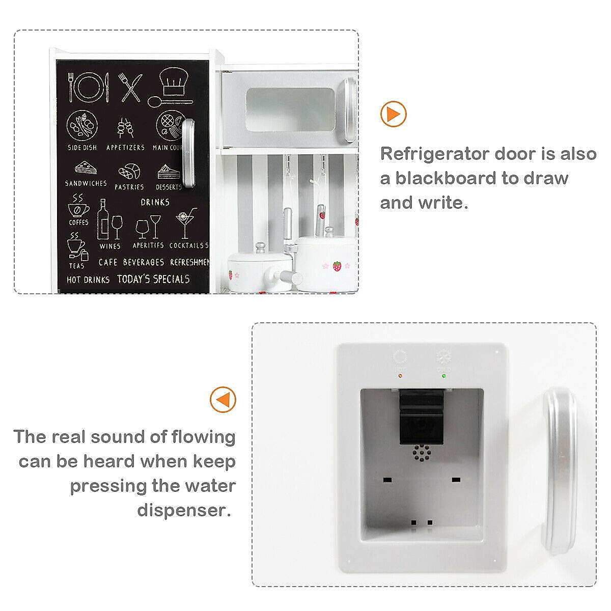 Costzon Kids Kitchen Playset, Wooden Pretend Chef Cooking Set with Simulated Sound, Accessory Utensils, Fringe, Blackboard, Water Dispenser, Oven, Sink, Toddler Kitchen Toy Set Gift for Boys Girls 3+