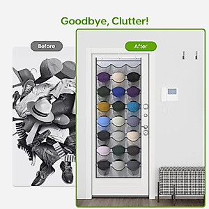 Unjumbly Baseball Hat Rack, 24 Pocket Over-The-Door Cap Organizer with Clear Deep Pockets to Protect, Store and Display Your Baseball Caps Collection, Complete with Over Door Hooks