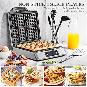 Waffle Maker, Roter Mond Belgian Waffle Maker, 4 Slice Square Stainless Steel Waffle Maker, Non-Stick Surface for Easy Cleaning for Family Use Breakfast, Save Space for Storage,1300W, Silver