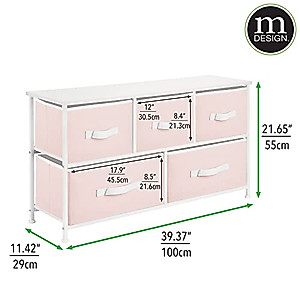 mDesign Wide Steel Frame/Wood Top Storage Dresser Furniture with 5 Fabric Drawers, Large Bureau Organizer for Baby, Kid, and Teen Bedroom, Nursery, Playroom, Dorm - Jane Collection, Pink/White, Pack of 1