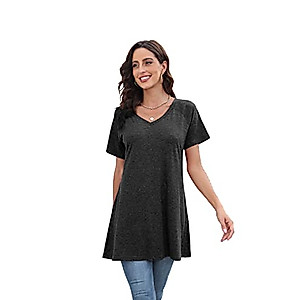 KKG Long Tunics for Women to Wear with Leggings, Short Sleeve Long Tops  to wear with Leggings V Neck Plus Size Summer Shirt Black