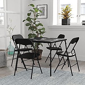 HBCY Creations 5 Piece Commercial Folding Card Table and Chair Set - Black Vinyl Tabletop - Black Metal Frames - Seating for 4