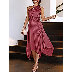 ANRABESS Women's Summer One Shoulder Elegant Cocktail Party Midi Dress Sleeveless Pleated Asymmetric Satin Evening Night Dress Wedding Guest Graduation Prom Dresses 751zaohong-S Maroon