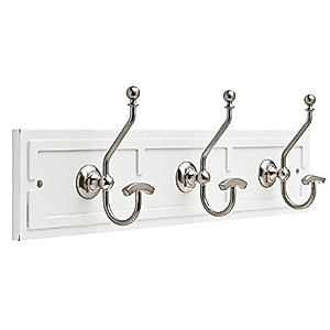 Liberty 22 inch Stylish Wall Mounted White and Satin Nickel Wardrobe Hook Rail/Coat Rack with 3 Pretty Dual Hanger Hooks for Coats, Hats, Scarves, Key • Extra Wide Hanging Space