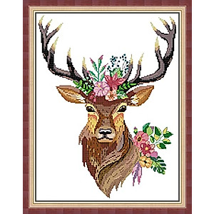 Joy Sunday 14CT Counted Cross Stitch Kits Deer with Flowers Embroidery for Girls Crafts DMC Cross-Stitch Supplies Needlework