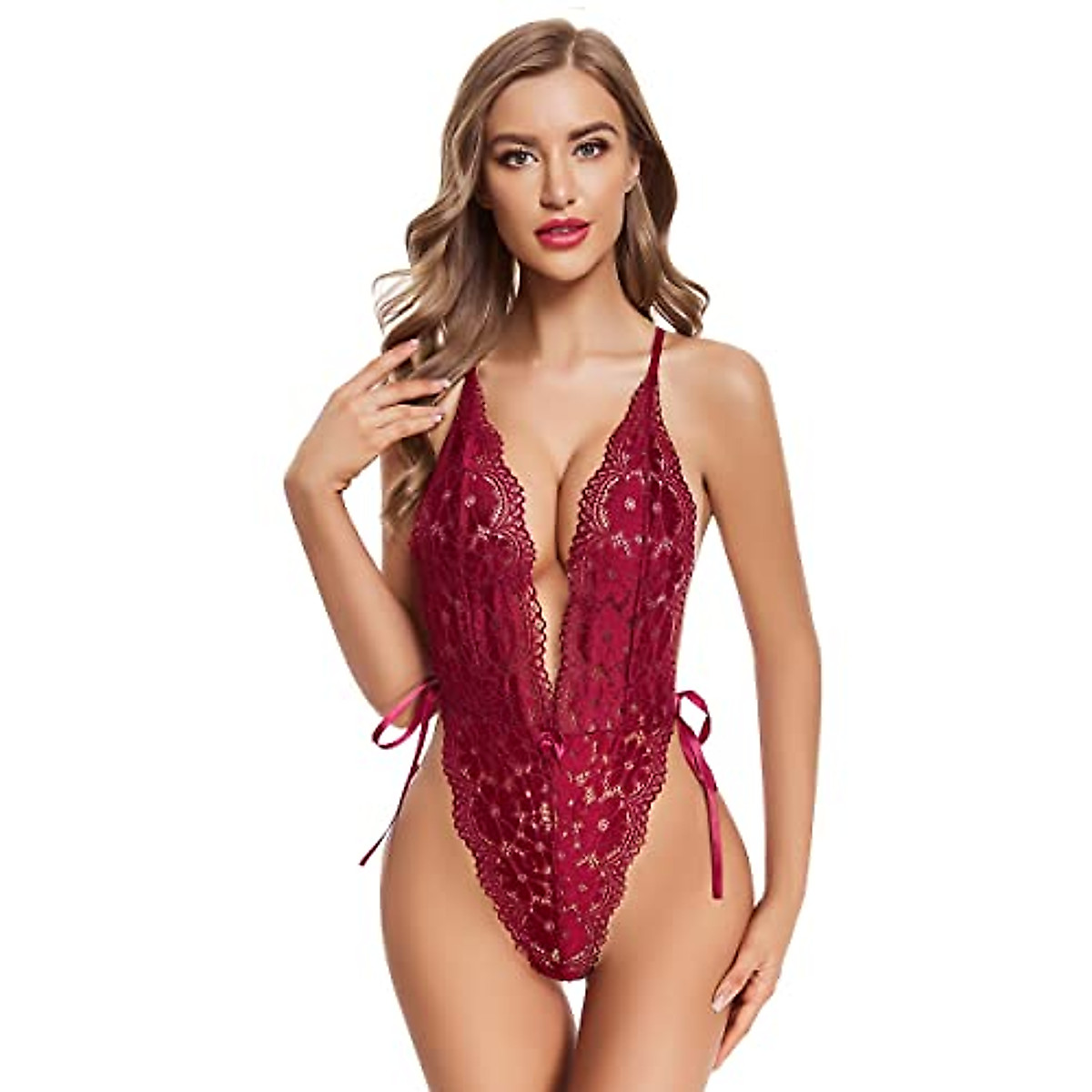 ADSEXY Lingerie for Women Sexy Naughty Teddy Floral See Through Bodysuit Deep V Neck Lace Mini Babydoll Chemise One Piece Red S