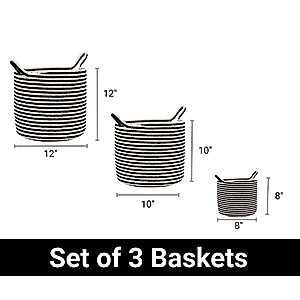 Super Area Rugs Farmhouse Plant Basket/Planter Multi Purpose Open Top Bin with Handles, Cotton Rope Basket, 8-inch, 10-inch and 12-inch Black & White