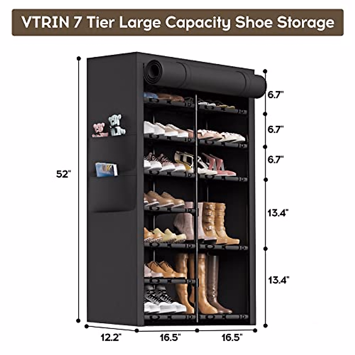VTRIN Shoe Rack with Covers Shoe and Boot Storage Cabinet 8 Tier 28-35 Pairs Shoe Rack Organizer for Entryway Closet Garage Heavy Duty Free Standing Black Metal Shoe Shelf