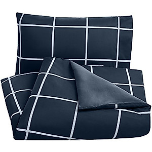 Amazon Basics Microfiber 2 Piece Duvet Cover Set, Navy Simple Plaid, 135 x 200cm/50x80cm x 1