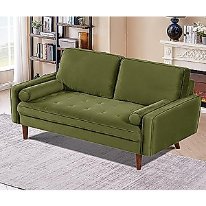 Container Furniture Direct Velvet 58" Loveseat Sofa Couch for Living Room, Classic Mid-Century Style with Modern Silhouette, Button Tufting and Wood Legs, Includes 2 Bolster Pillows, Olive Green