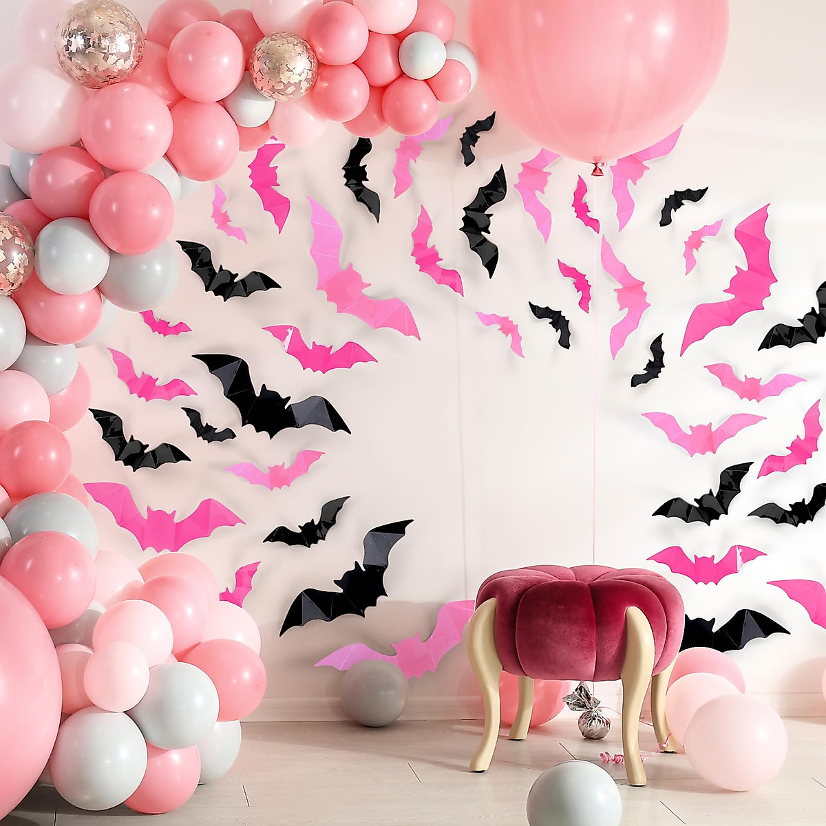 Whaline 224Pcs Halloween Wall Decoration 3D Bats with Foam Adhesive Black Pink Rose Red Waterproof Spooky Bats Stickers Hocus Pocus Party Supplies for Halloween Home Wall Window Door Decor, 4 Sizes