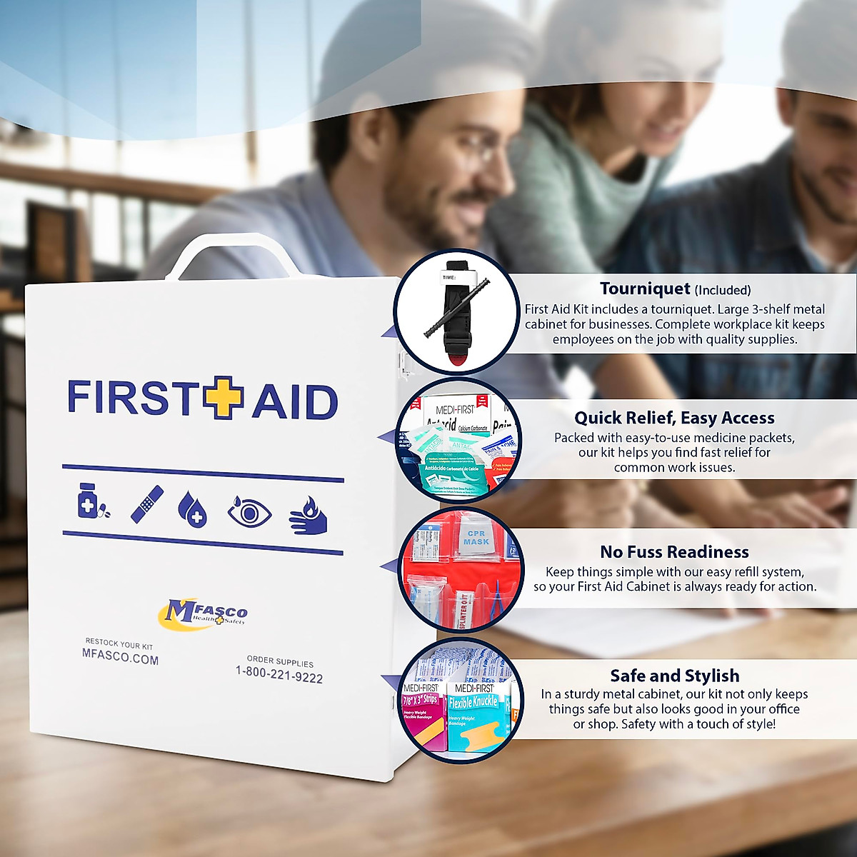 MFASCO 2021 ANSI/OSHA Compliant First Aid Kit - Large, Commercial 3-Shelf Metal Cabinet for Businesses, Wall Mountable - with Medications - ANSI Standard 2021 First Aid Kits, Class B Fill