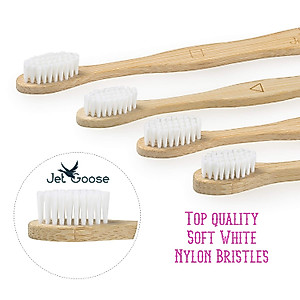 Jet Goose Bamboo Toothbrush Set | 4 Natural Eco- Friendly Biodegradable Bamboo Toothbrushes | BPA Free | Soft White Nylon Bristles