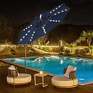 wikiwiki 10 FT Solar Offset Hanging Umbrella, Lighted Patio Cantilever Umbrella with 32 Lights, Infinite Tilt, Fade Resistant RECYCLED FABRIC Canopy & Cross Base, for Yard, Garden & Deck(Navy Blue)