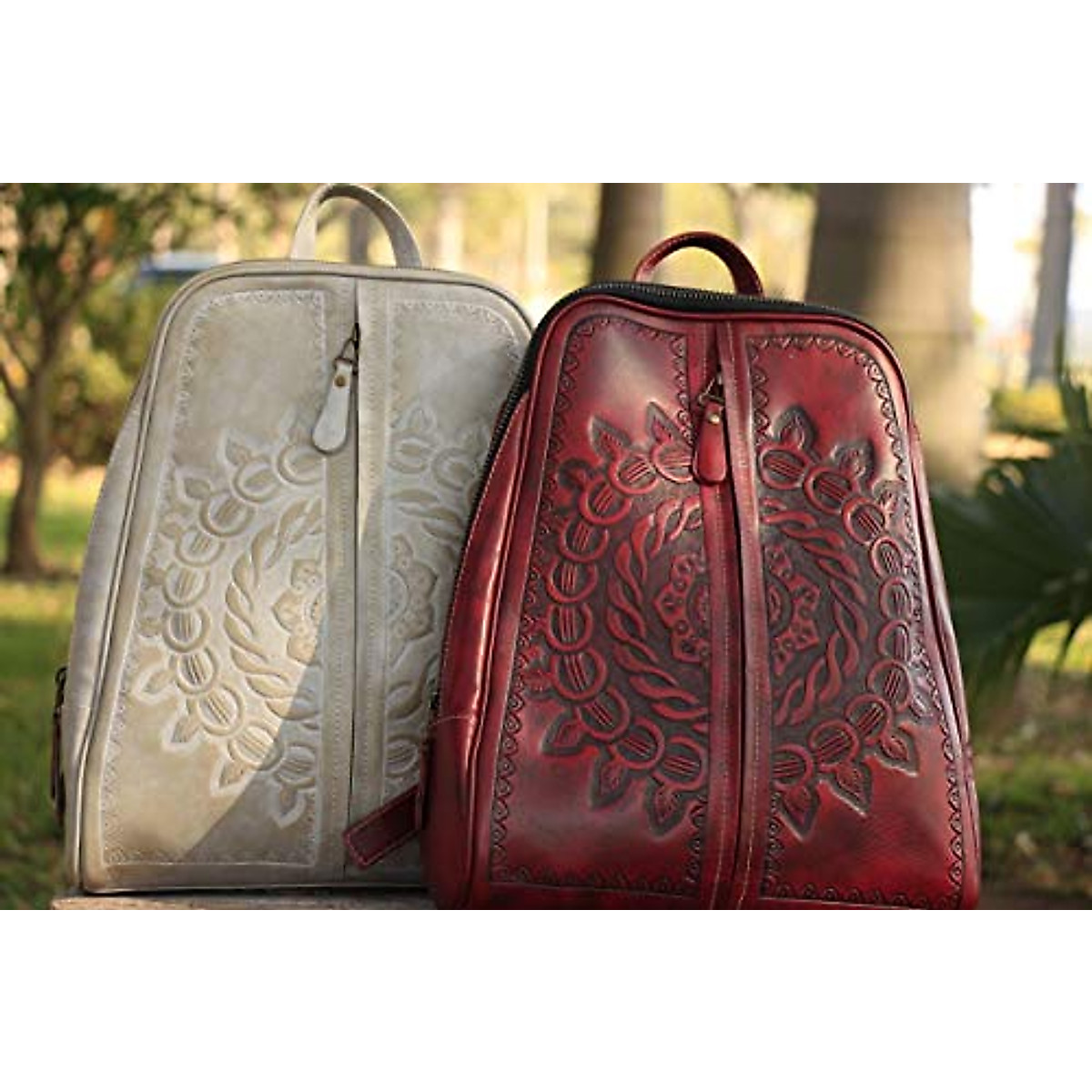 Santiago Sebastian Leathers Ladies Backpack Purse for Women, Genuine Leather, Hand tooled handbag, off white color