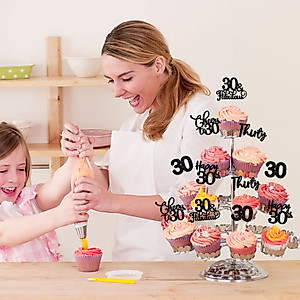 30 Pack Happy 30th Birthday Cupcake Toppers Black Glitter Thirty Cheers to 30 Birthday Cupcake Picks for Happy 30th Birthday Anniversary Party Cake Decorations Supplies