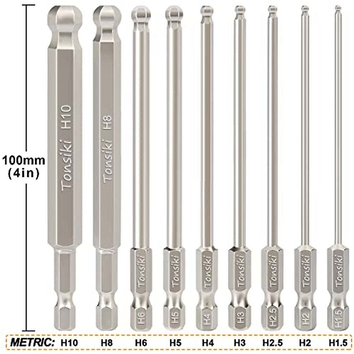 Tonsiki 9PCS Ball End Hex Head Allen Wrench Drill Bit Set, Metric S2 Steel Hex Bits Set, 1/4" Hex Shank Magnetic Screwdriver Bit Set for Assembling Furniture, 4'' Long - 1.5/2/2.5/3/4/5/6/8/10mm