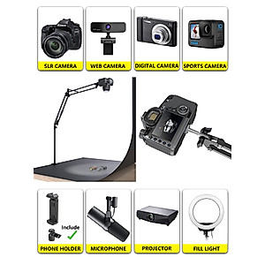 CACENCAN Overhead Camera Mount, 5lb Horizontal Load-Bearing, 360° Adjustable Camera Stand for Desk, Flexible Camera Arm Desk Mount, with Phone Clamp, Tabletop Mount for DSLR Camera/Webcam/Microphone