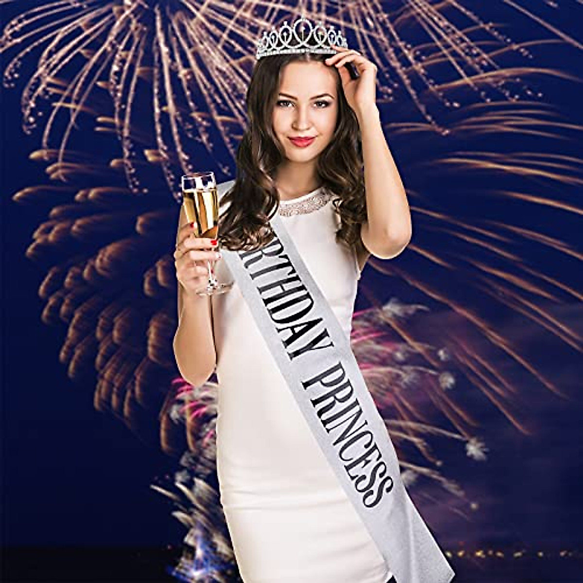 Rosavida 2-piece suit BIRTHDAY PRINCESS Sash and Rhinestone Tiara Kit Birthday Gifts Glitter Sash and Birthday Crowns for Women Girl Party Decoration (Silver)