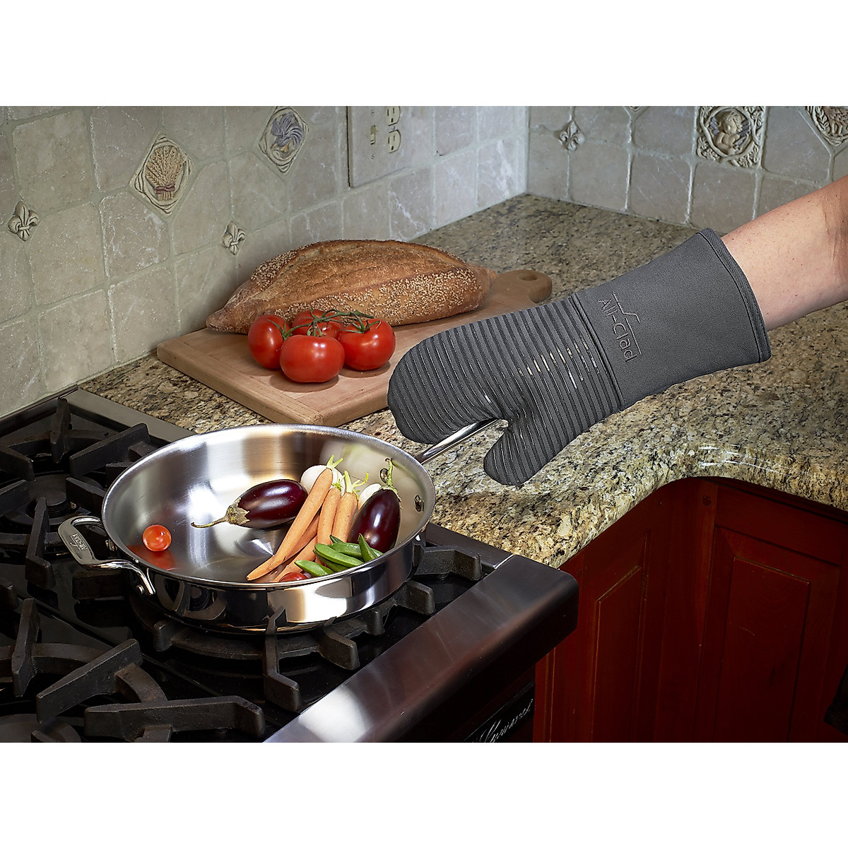 All-Clad Silicone Oven Mitts: Heat Resistant up to 500 Degrees - 100% Cotton & Silicone, 14"x7" Oven Mitt for Kitchen and Barbeque, 2-Pack, Pewter