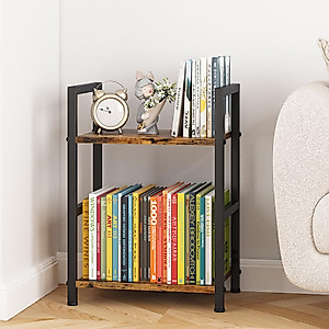 Katrawu Small Bookshelf for Small Space, 2 Tier Industrial Bookcase,Narrow Book Case Storage Organizer Book Shelf for Living Room, Bedroom and Office, Easy Assembly(2 Tier,Rustic Brown)