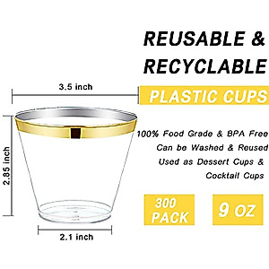 Nervure 120PCS Gold Plastic Cups - 9Oz Gold Rimmed Plastic Cups - Heavy Duty Disposable Clear Plastic Cups with Gold Rim Perfect for Weddings, Receptions & Parties