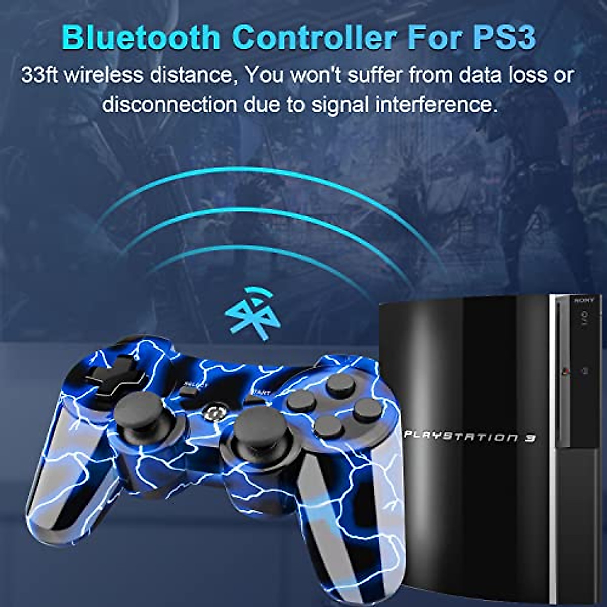Blue Wireless Remote Works for PS3 Controller, OUBNAG Gamepad for PS3 Controllers Compatible with Playstation 3 Controller, Cool Lightning Pa3 Controller Gift for Kids Boy Girl Man Lightning Blue
