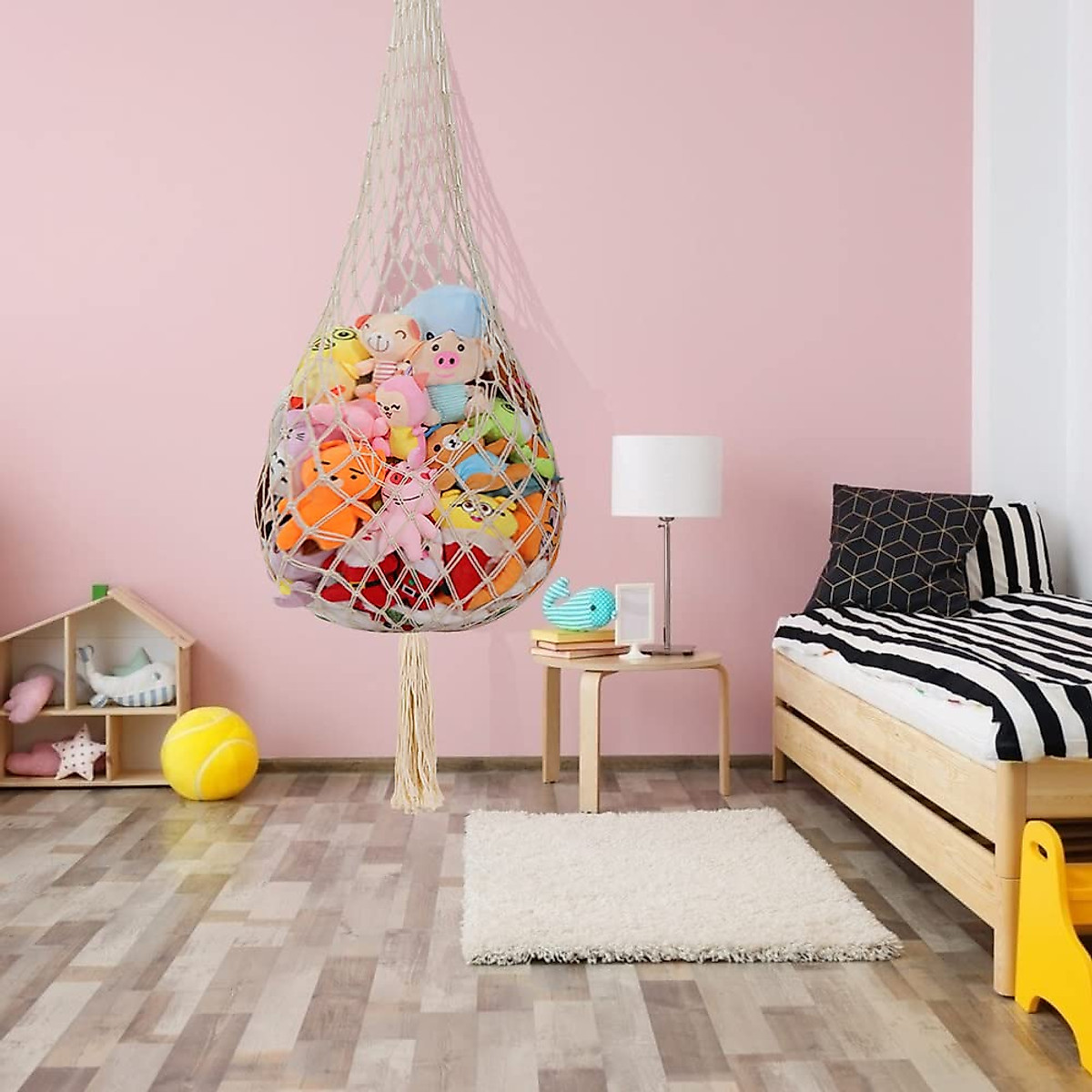 Extra Large Stuffed Animal Storage Net or Hammock, Single Hook Display Large Plush Toy! Ceiling Hanging Stuff Animal Hanger with Swag Hook, Corner Toy Storage Organizer for Kids Bedroom Playroom (Cream)