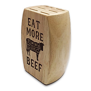 Eat More Beef Farmhouse Kitchen Decor Knife Block For Steak Knives 5 Inch Utility Knives 6 Piece Slot Organizer Durable 100% Natural Oak Wood, Gifts for Family Friends, Housewarming gifts 3.7x2.4x5"