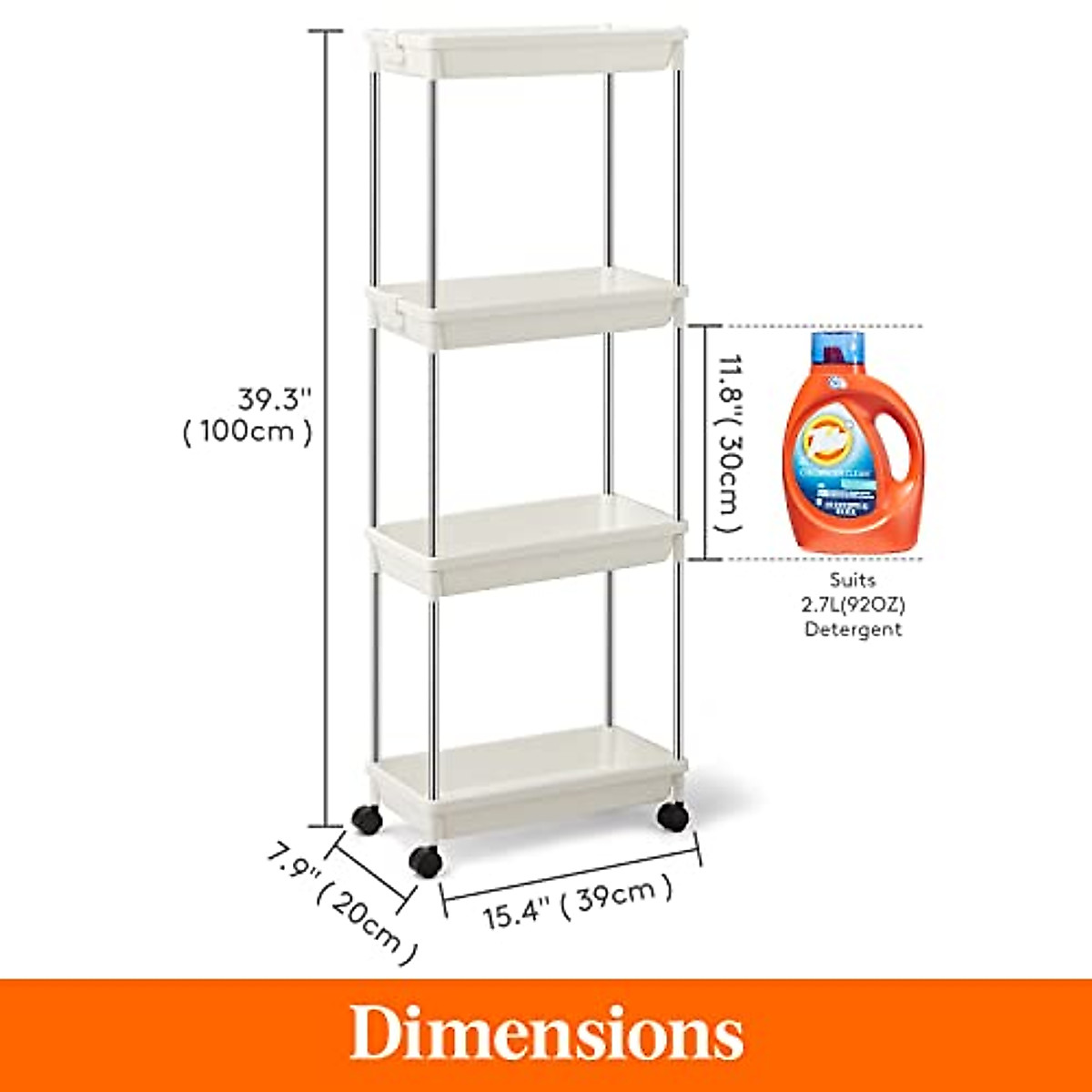 Lifewit Slim Storage Cart, Laundry Room Organization, Wide 7.9'', 4 Tier Shelf Organizer Rack Unit with Wheels for Bathroom Kitchen Small Dorm Narrow Space, White