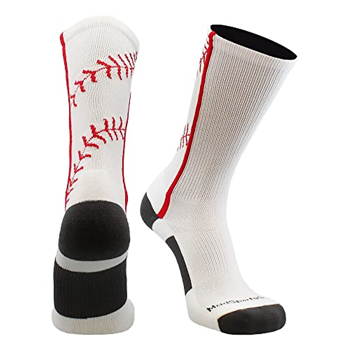MadSportsStuff Baseball Socks with Stitches in Crew Length (White/Red, Small)