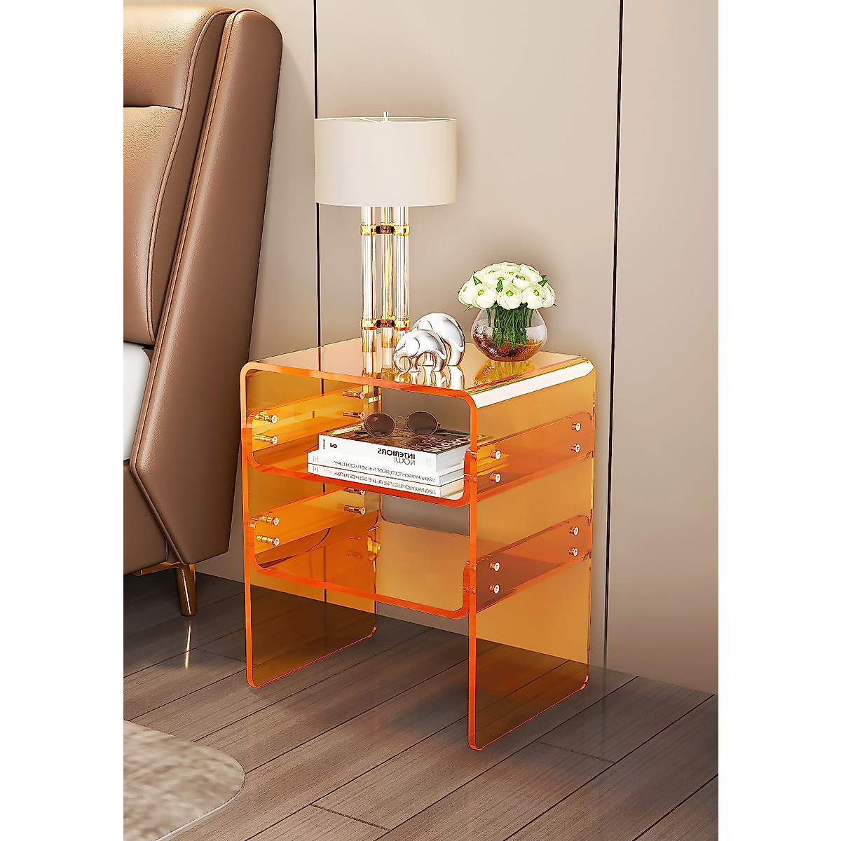Clear Acrylic 3-Tier End Table/Nightstand – Sleek Bedside Storage with Durable Design, Perfect for Bedrooms, Living Rooms, or Modern Interiors – Ideal as a Bedside Table or Sofa Side Piece (Orange)