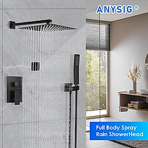 Anysig Shower Faucet Set, 12" Matte Black Shower Head and Handle Set, Rainfall Shower System with Square Rain Shower Head and High Pressure Handheld Spray, Shower Valve and Trim Kit Wall Mounted