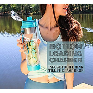 New Improved Unique Bottom Loading Fruit Infuser Water Bottle Complete Bundle Includes Bottle Brush, Insulating Sleeve & Infusion Recipe eBook. Leak Proof Sweat Proof BPA-Free (Teal)