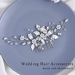 JEAIRTS Leaf Wedding Hair Comb Pearl Flower Bridal Hair Pieces Sparkly Rhinestone Hair Accessories for Women(1-Silver)