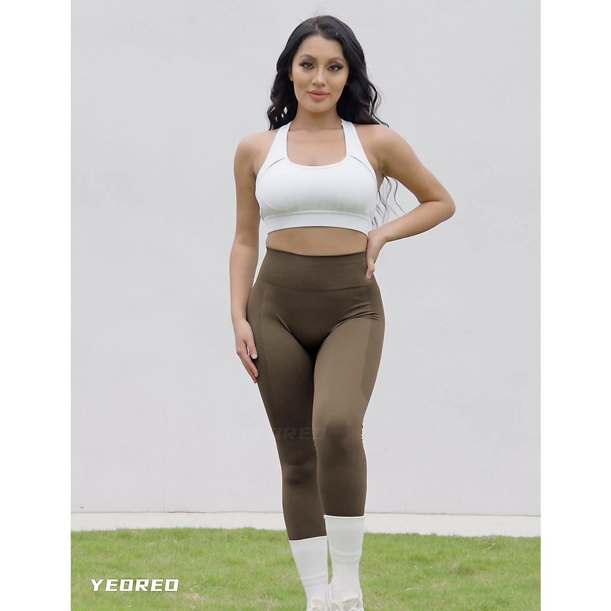 YEOREO Amplify Leggings for Women Seamless Scrunch Leggings Butt Lifting Gym High Waisted Athletic Leggings Coffee