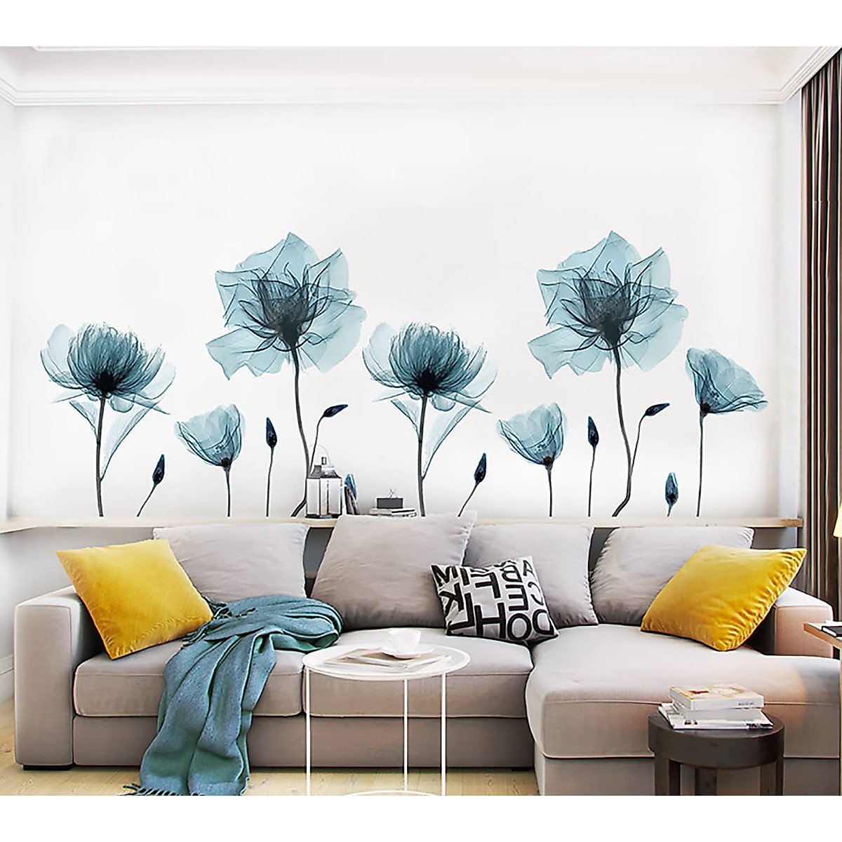 M ACHOOSE Blue Flower Wall Decals Peel and Stick Wall Stickers Removable Decal Stick Wall Art Murals Home Wall Decor for Bedroom Living Room Wall Decaoration