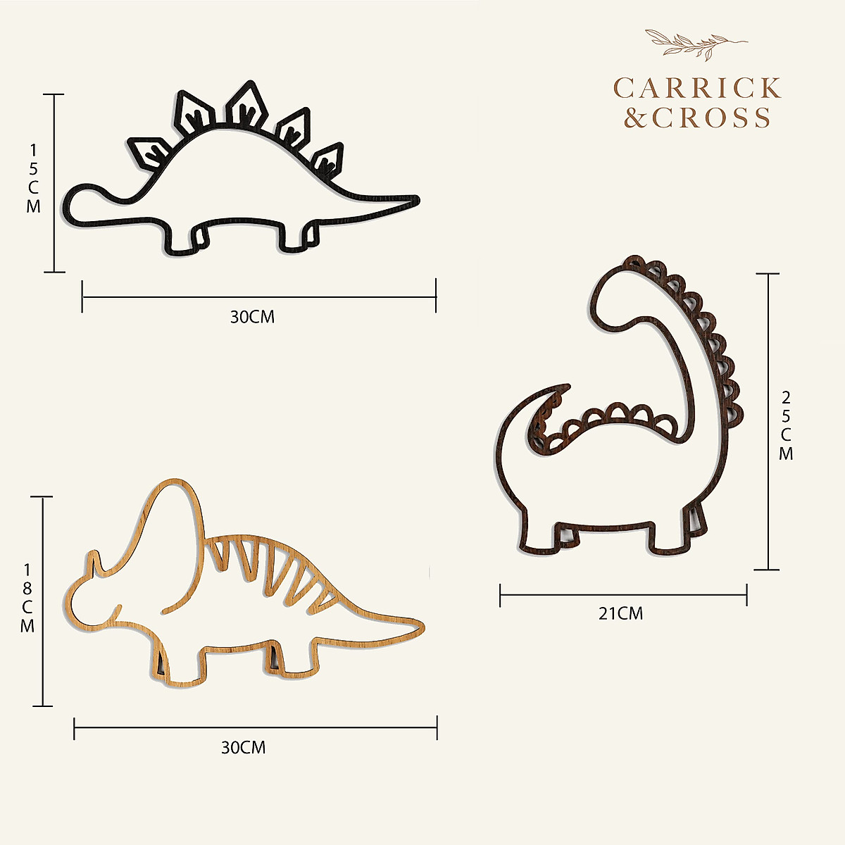 Carrick & Cross – Dinosaur Wall Decor, Wooden Wall Decals – Featuring, Black Oak Stegosaurus, Oak Triceratops & Walnut Brachiosaurus - Dino Wall Art, Perfect in any themed Room; Nursery or Bathroom